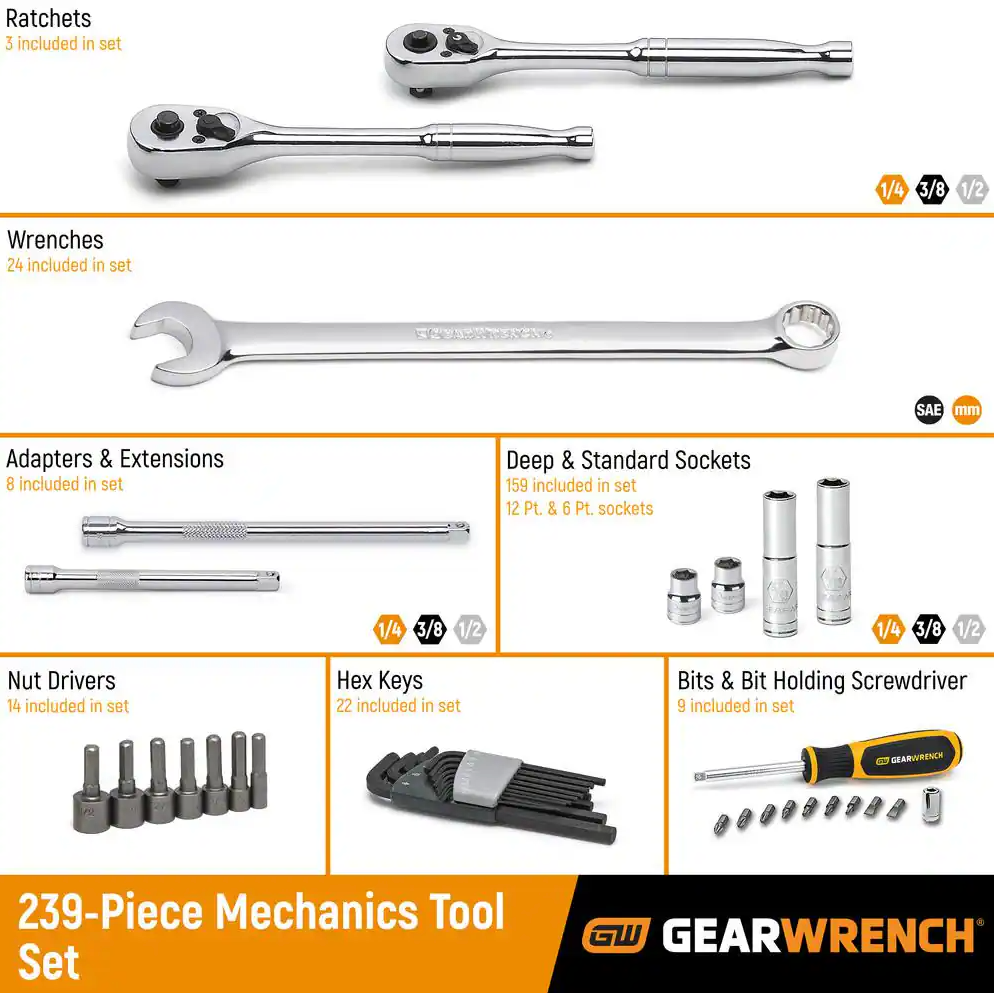 GearWrench 80942 - 239 Piece Mechanics Tool Set in 3 Drawer Storage Bo ...