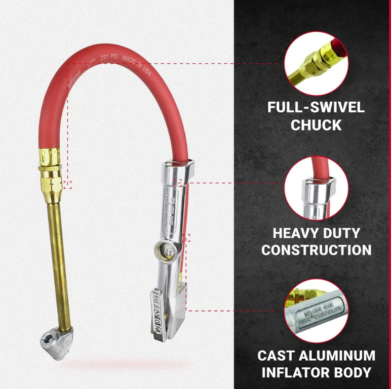 Milton S516 Tire Inflator Gauge with Dual Head Straight Foot Air Chuck ...